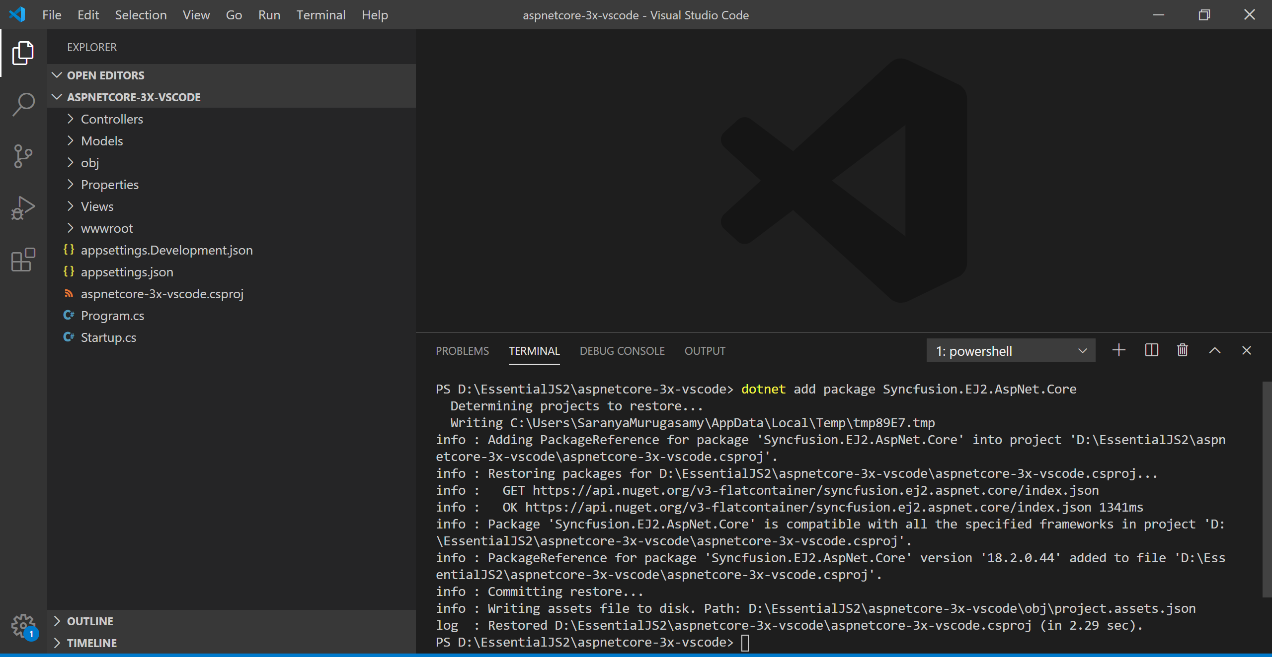 Getting started with Syncfusion ASP.NET Core - Visual Studio Code