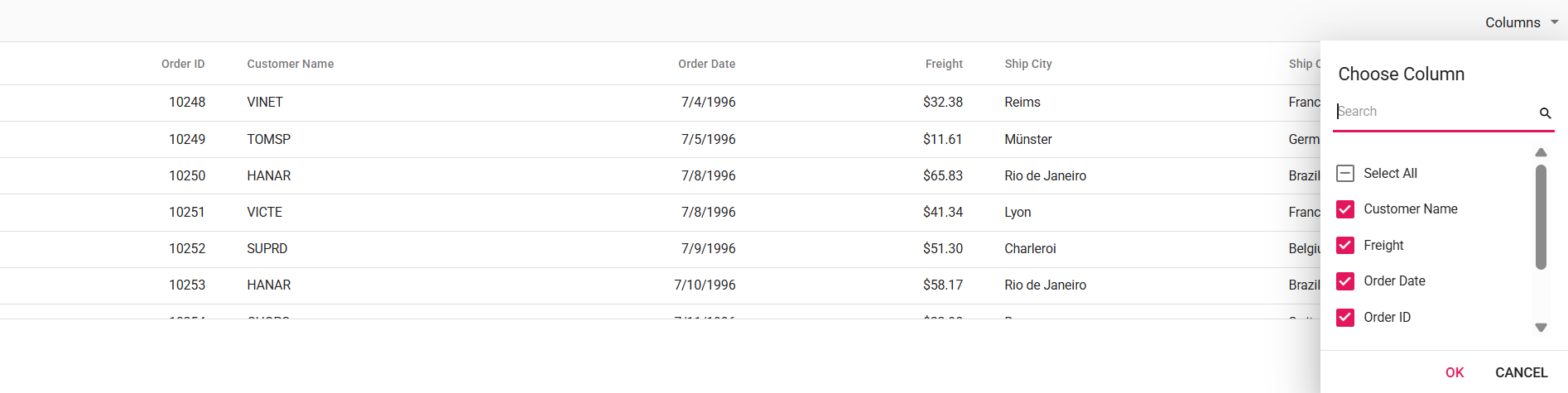 Column Chooser in Syncfusion ASP.NET MVC Grid Component
