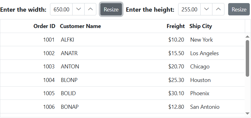 Resize the Syncfusion Grid in Various Dimensions in ASP.NET MVC Grid Component